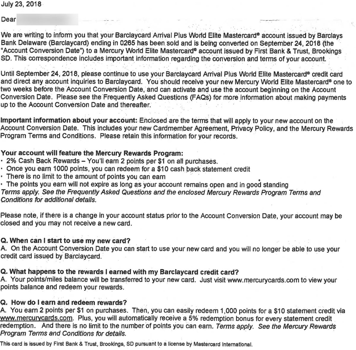 Select Barclaycard Arrival Plus Cards Being Converted to Mercury ...