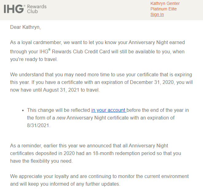Check your account: IHG emailed cardholders regarding expiring reward ...