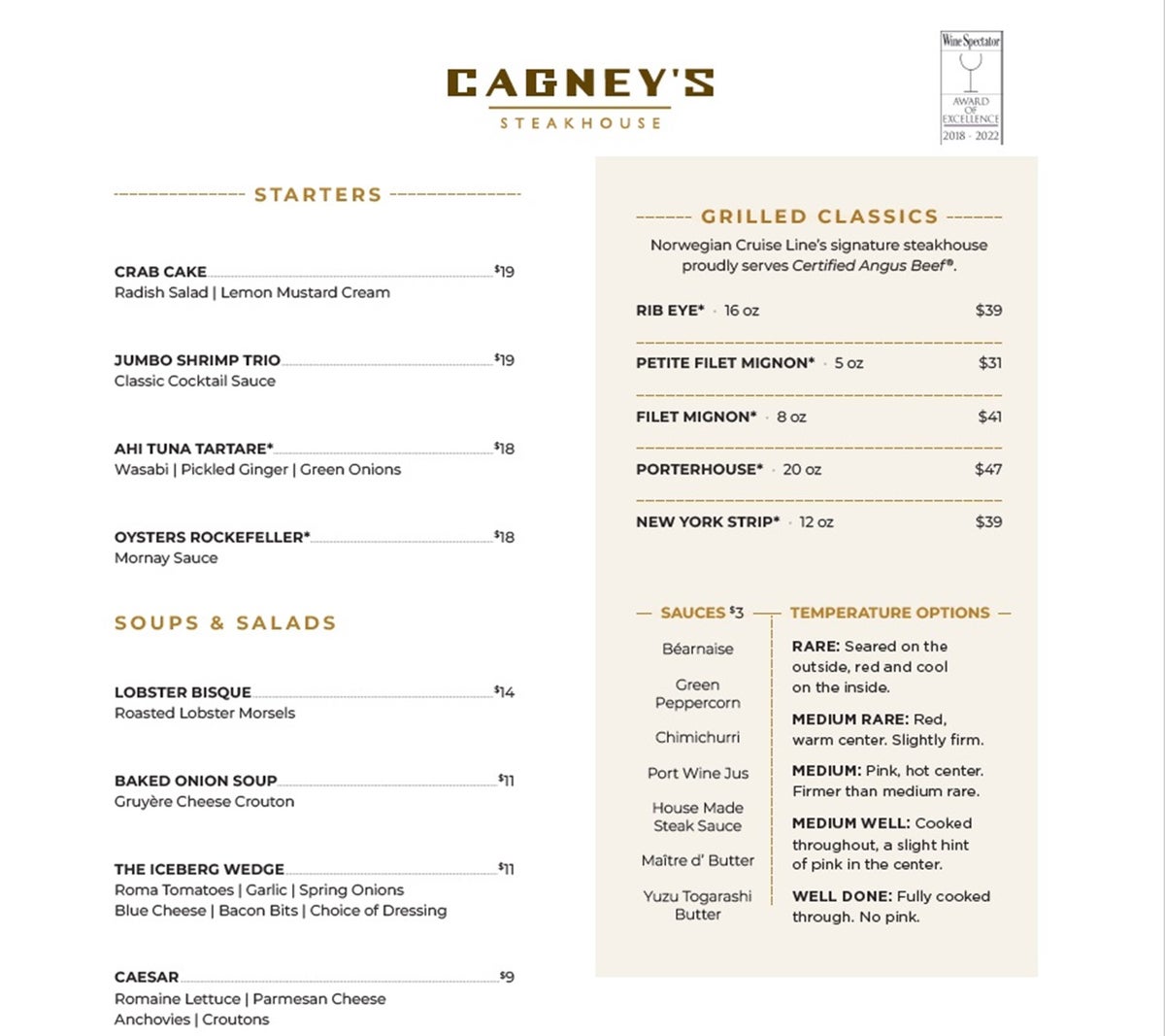 Cagney's menu: Norwegian Cruise Line's steakhouse offerings - The ...