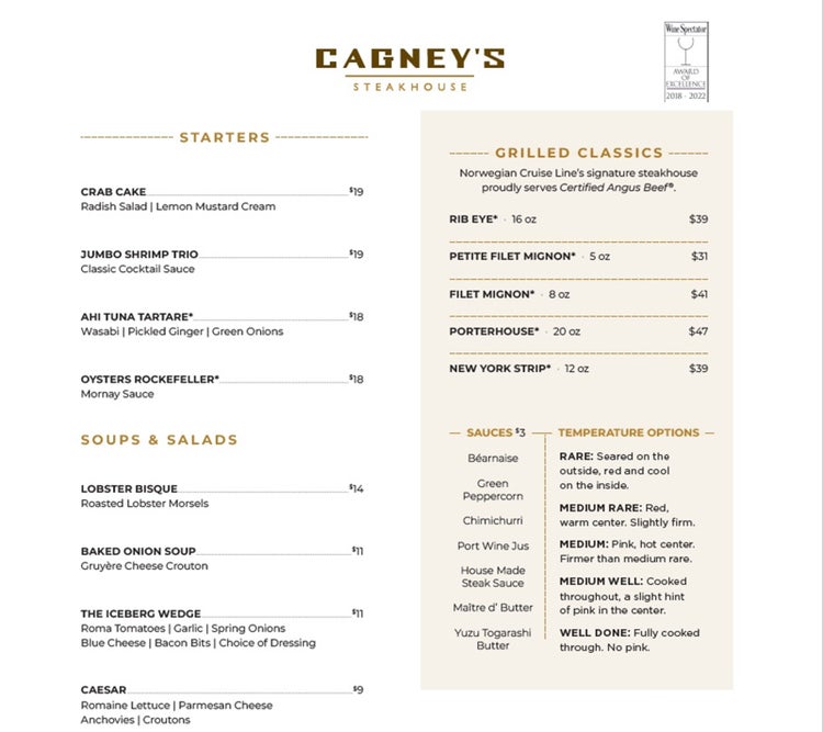 Cagney's menu: Norwegian Cruise Line's steakhouse offerings - The ...