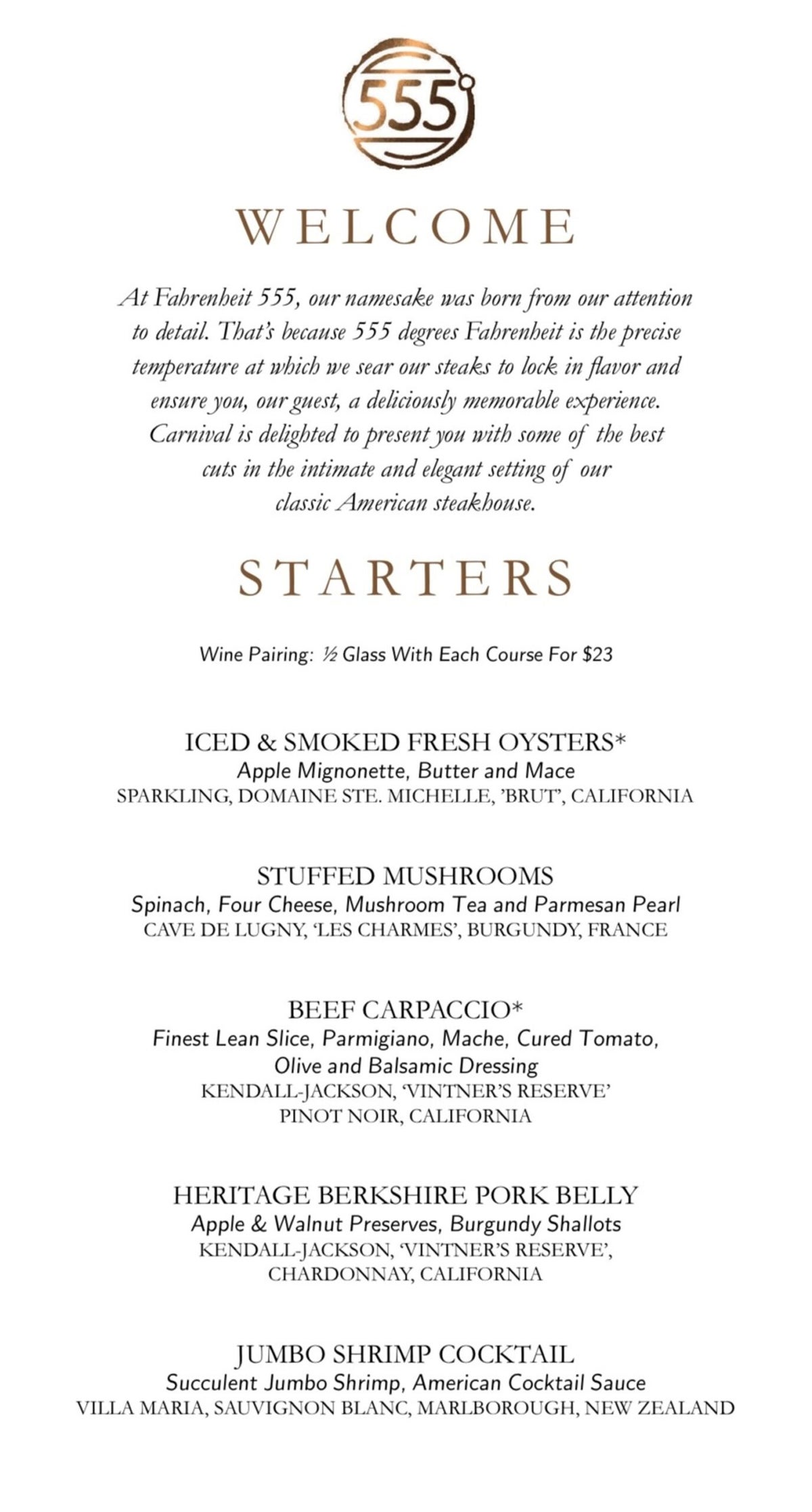 Fahrenheit 555 steakhouse on Carnival Cruise Line (with menu) - The ...