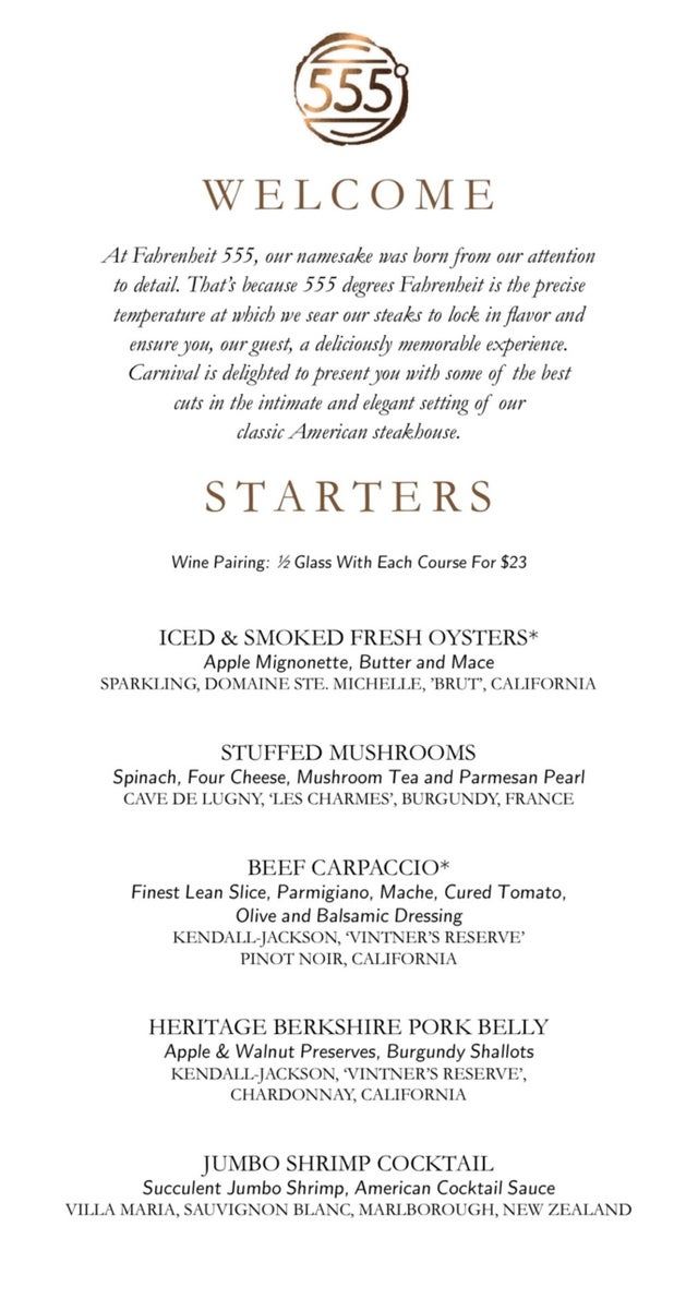 Fahrenheit 555 steakhouse on Carnival Cruise Line (with menu) - The ...