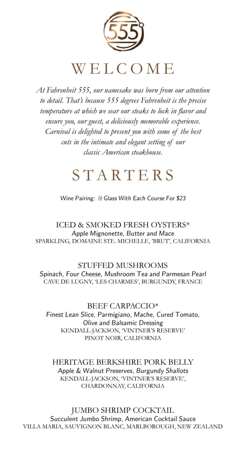 Fahrenheit 555 steakhouse on Carnival Cruise Line (with menu) - The ...