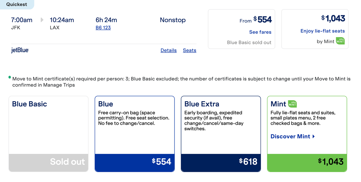 You can now see online availability for JetBlue's Move to Mint upgrade ...