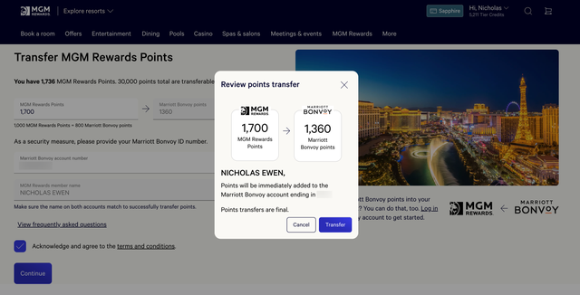 You can now transfer 10 MGM Rewards points for 8 Marriott Bonvoy points ...
